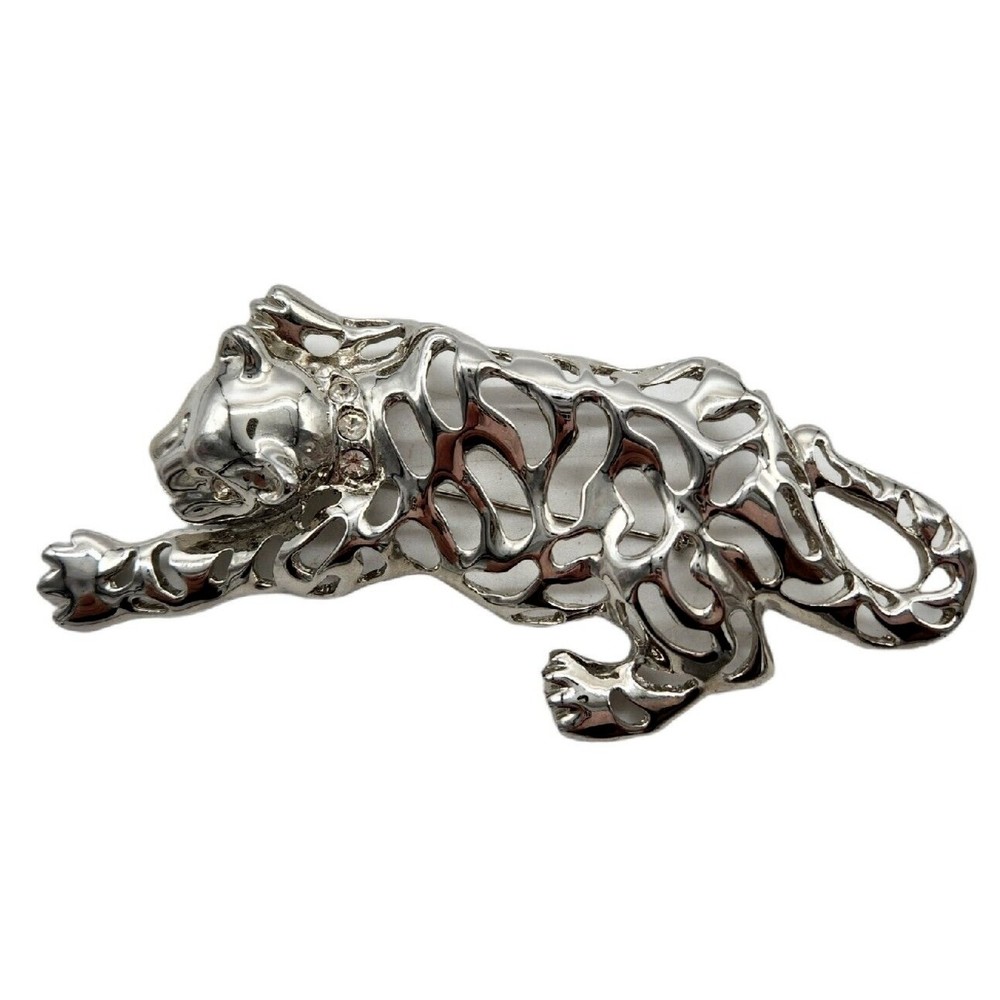 Vintage Cheetah Jaguar Tiger Brooch Pin Silver Tone C… - Gem